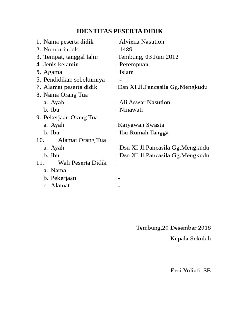 Identitas Peserta Didik Alviena Nasution | PDF