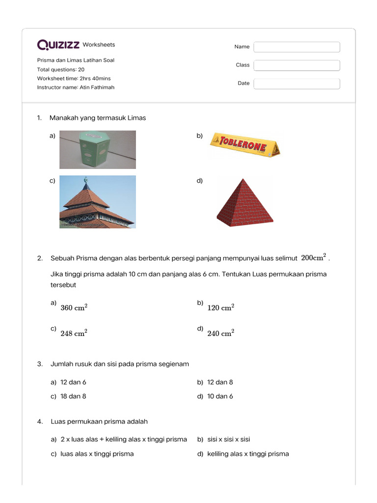 Latihan Soal Prisma dan Limas 20 Pertanyaan | PDF