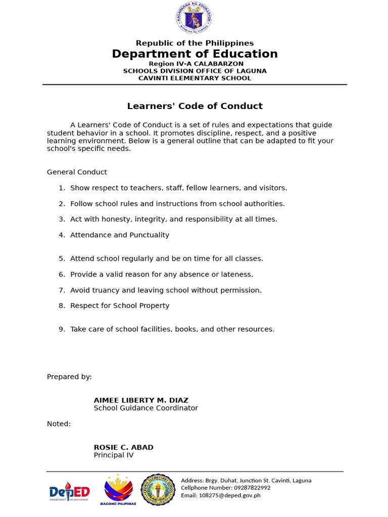 Learners Code of Conduct | PDF | Teachers | Disciplines