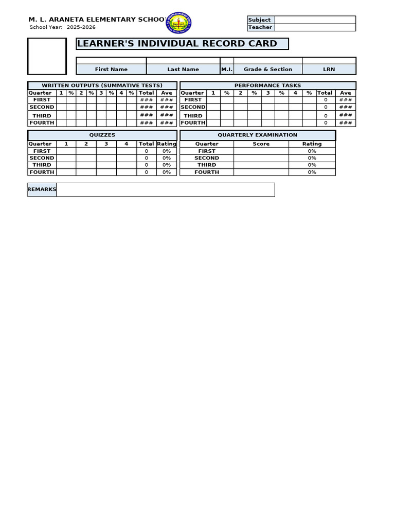 Learner's Individual Record Card (Excel) | PDF