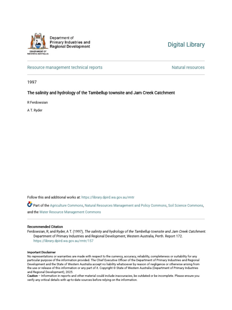 The Salinity and Hydrology of The Tambellup Townsite and Jam Cree | PDF ...