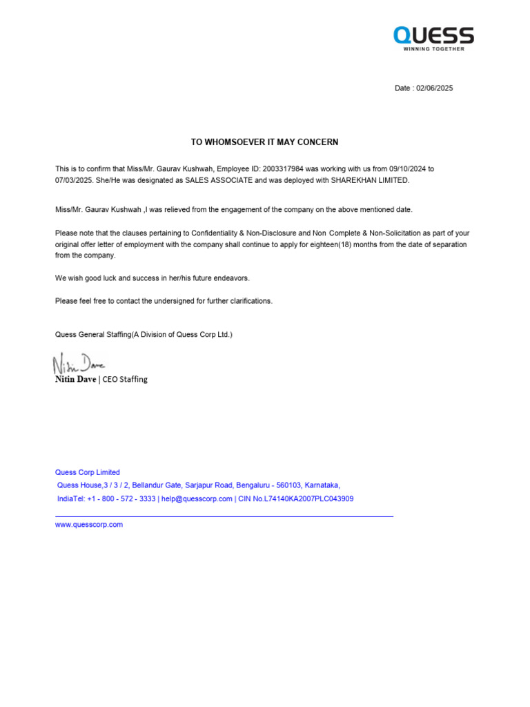 Quess Relieving Letter for Gaurav Kushwah | PDF