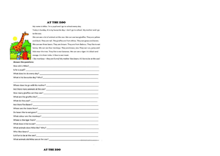 At The Zoo-Comprehension | PDF