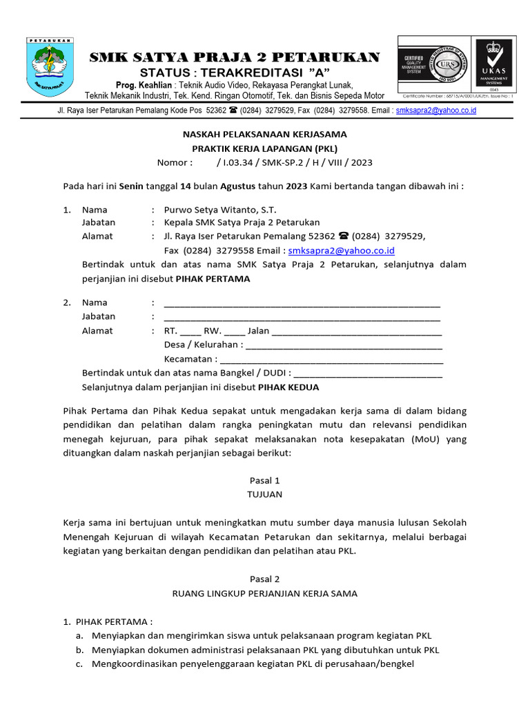 Form Mou PKL 2023-2024 | PDF