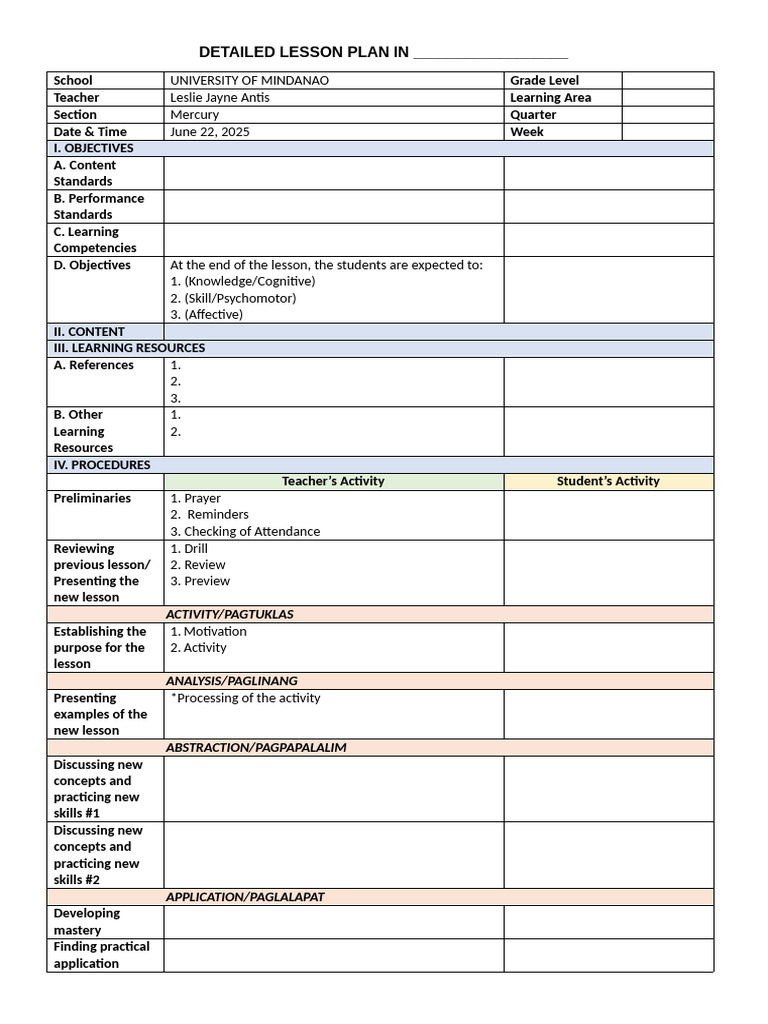 Detailed Lesson Plan Template 1 | PDF