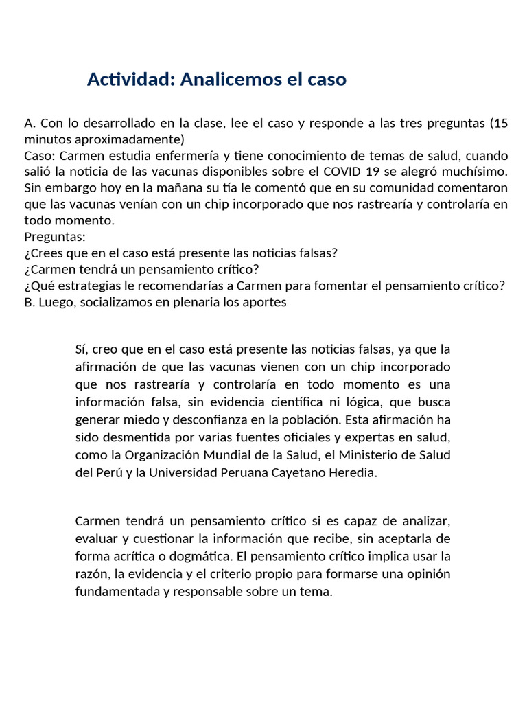 Actividad Analizar El Caso | PDF | Pensamiento crítico | Pensamiento