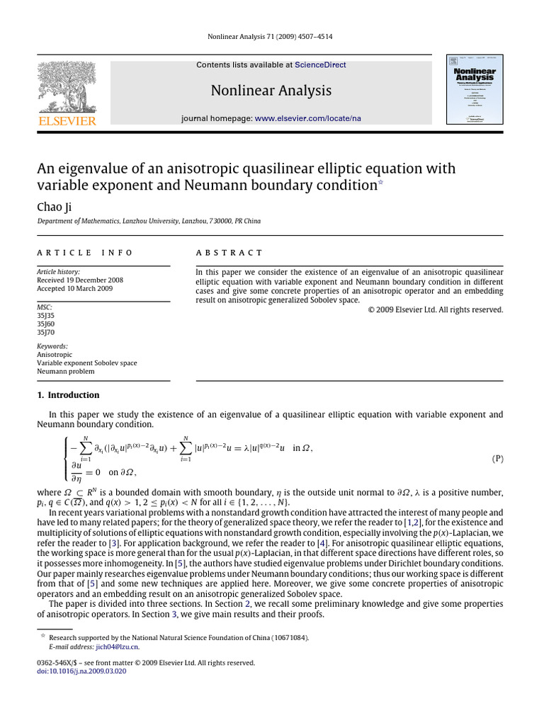 An Eigenvalue of An Anisotropic Quasilinear Elliptic Equation With Variable Exponent and Neumann ...