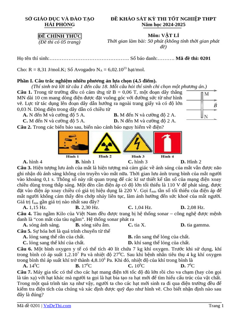 De Thi Thu Tot Nghiep Thpt Nam 2025 Mon Vat Li So Gddt Hai Phong | PDF