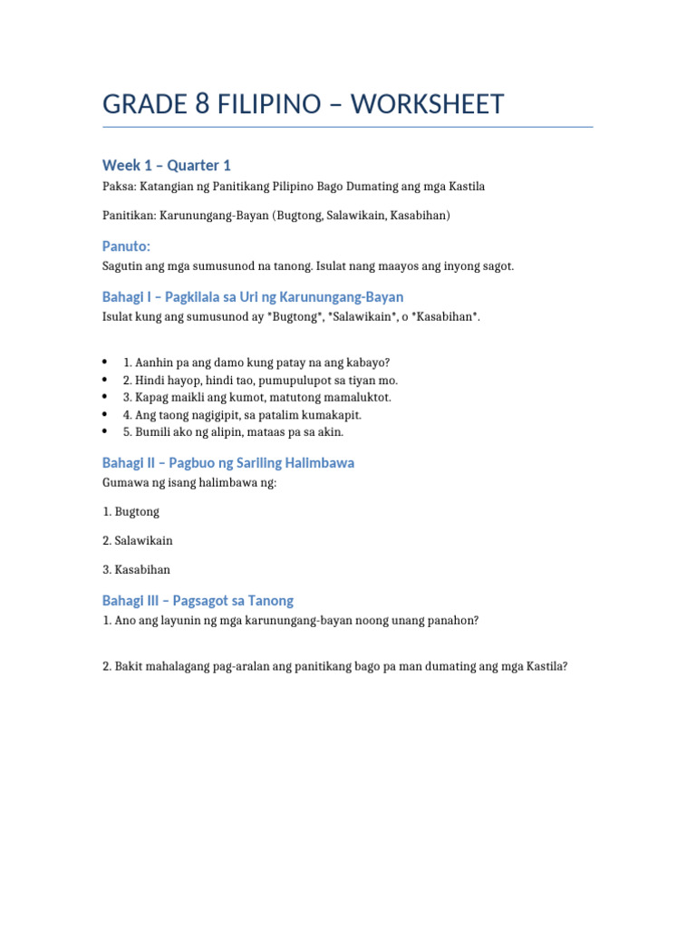Grade8 Filipino Q1 Week1 Worksheet | PDF