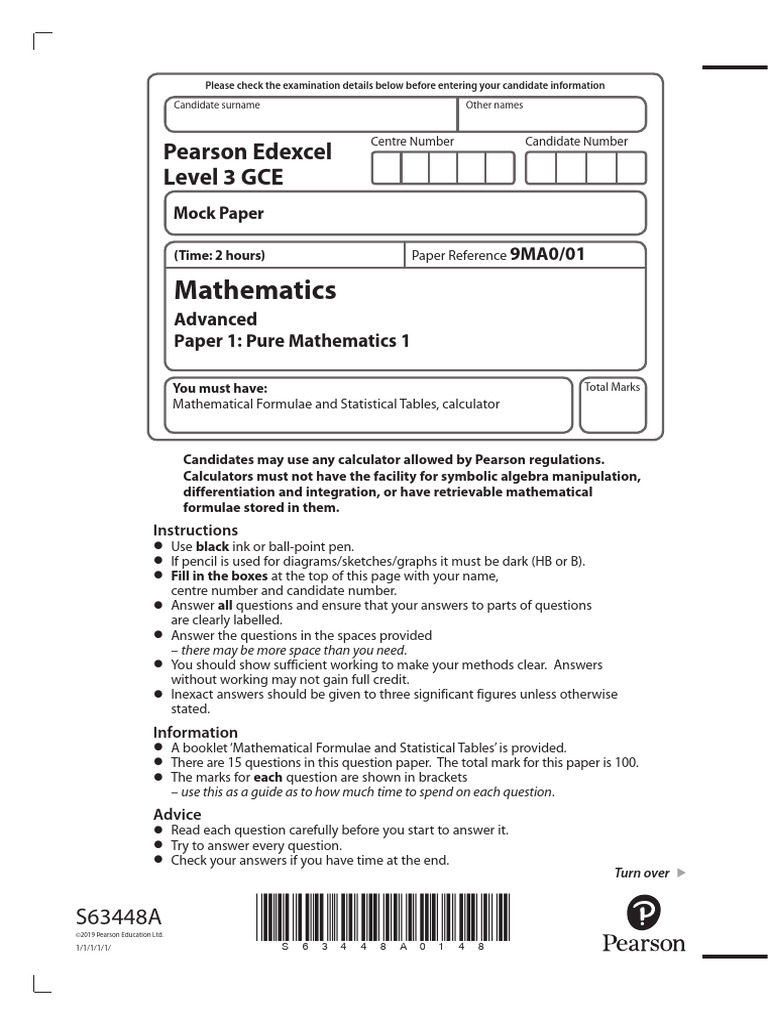 9MA0 01 Mock Paper Pure Mathematics 1 | PDF | Area | Mathematics