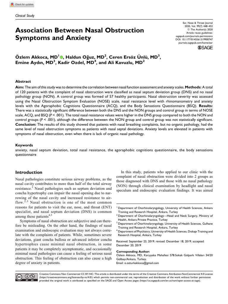 Anxiety and Nasal Obstruction Study | PDF | Clinical Medicine | Medical ...