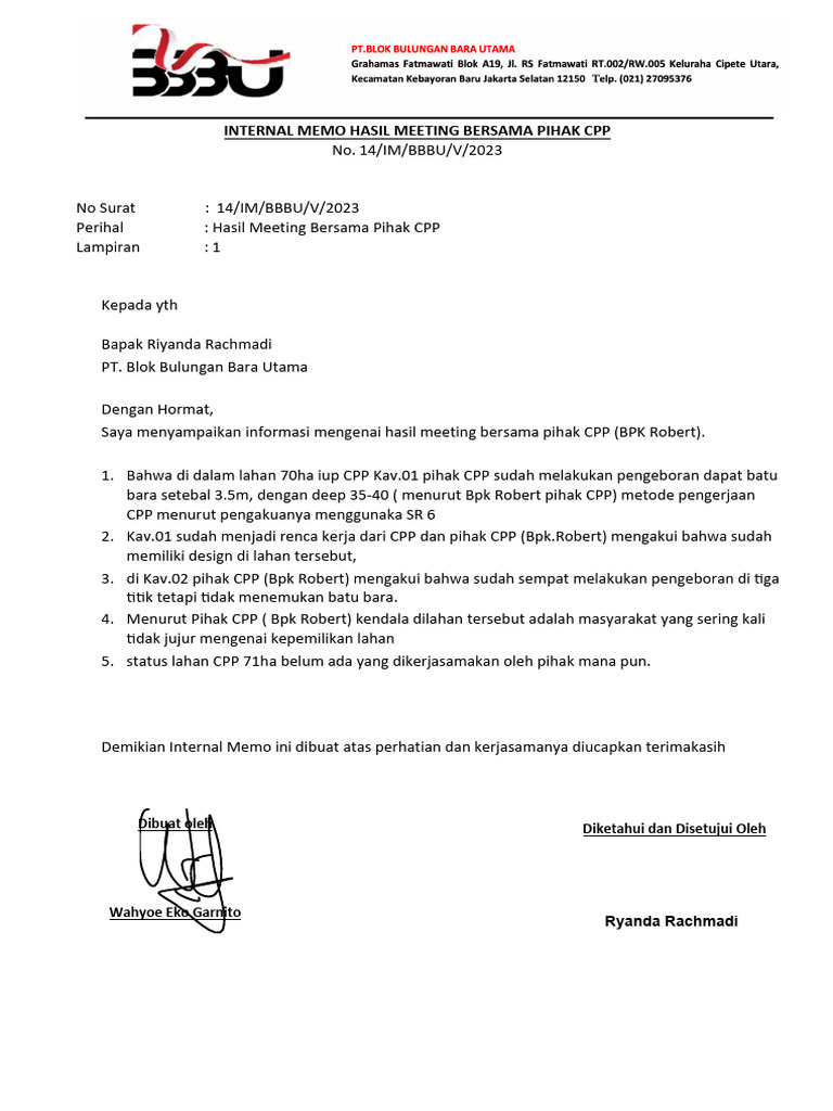 Internal Memo Hasil Rapat Dengan BPK Robert Pihak CPP | PDF