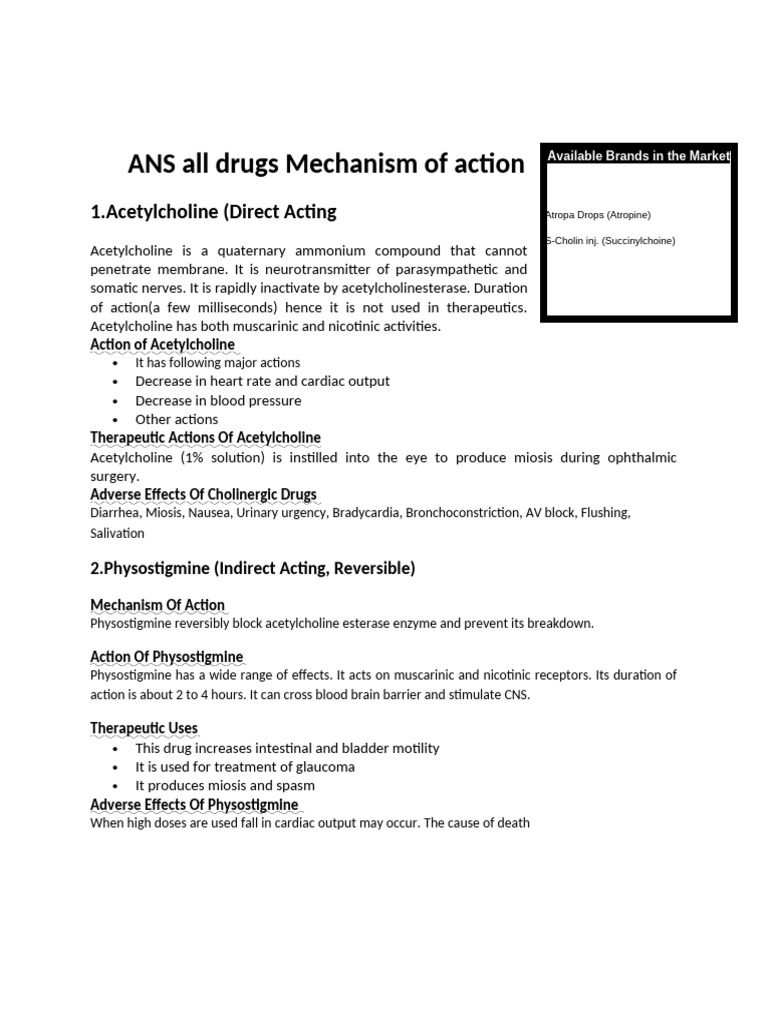 ANS All Drugs Mechanism of Action | PDF | Acetylcholine | Neurochemistry