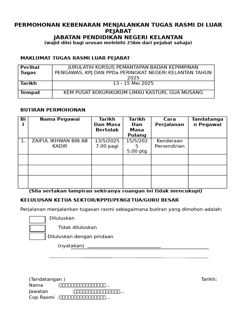 Borang Kebenaran Tugas Rasmi 2025 | PDF