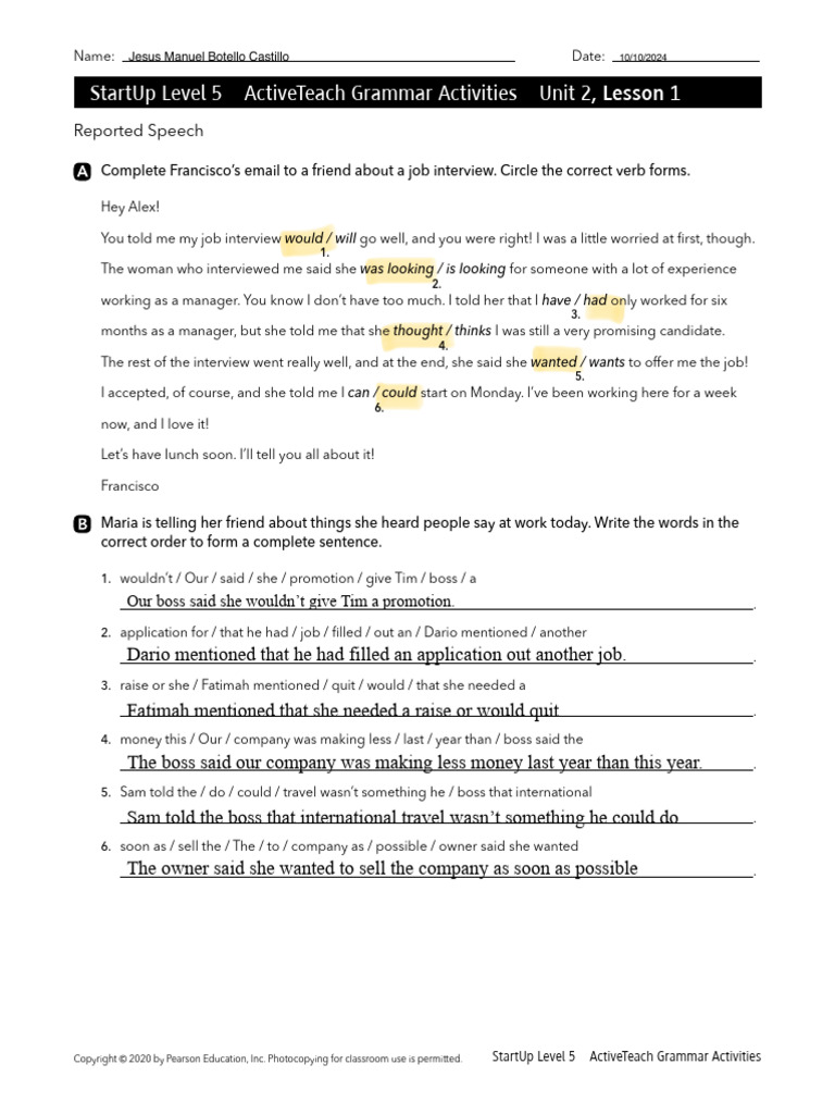 Unit 2 Lesson 1 Reported Speech. Grammar Activities | PDF