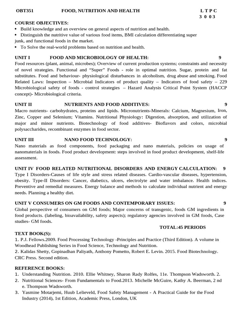 OBT351 Syllabus | PDF | Nutrition | Diet & Nutrition