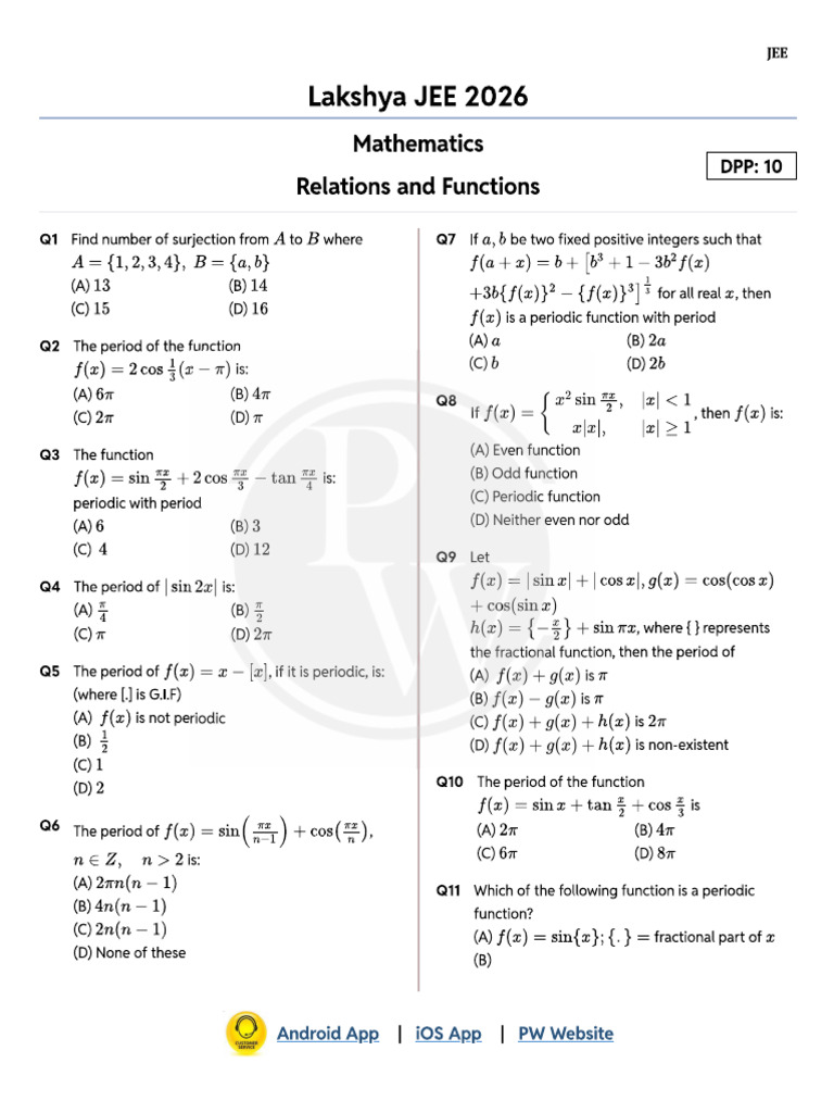 Relations and Functions - DPP 10 (Of Lec 21) - Lakshya JEE 2026 | PDF
