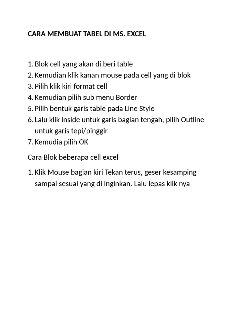 Cara Membuat Tabel Di Ms. Excel | PDF