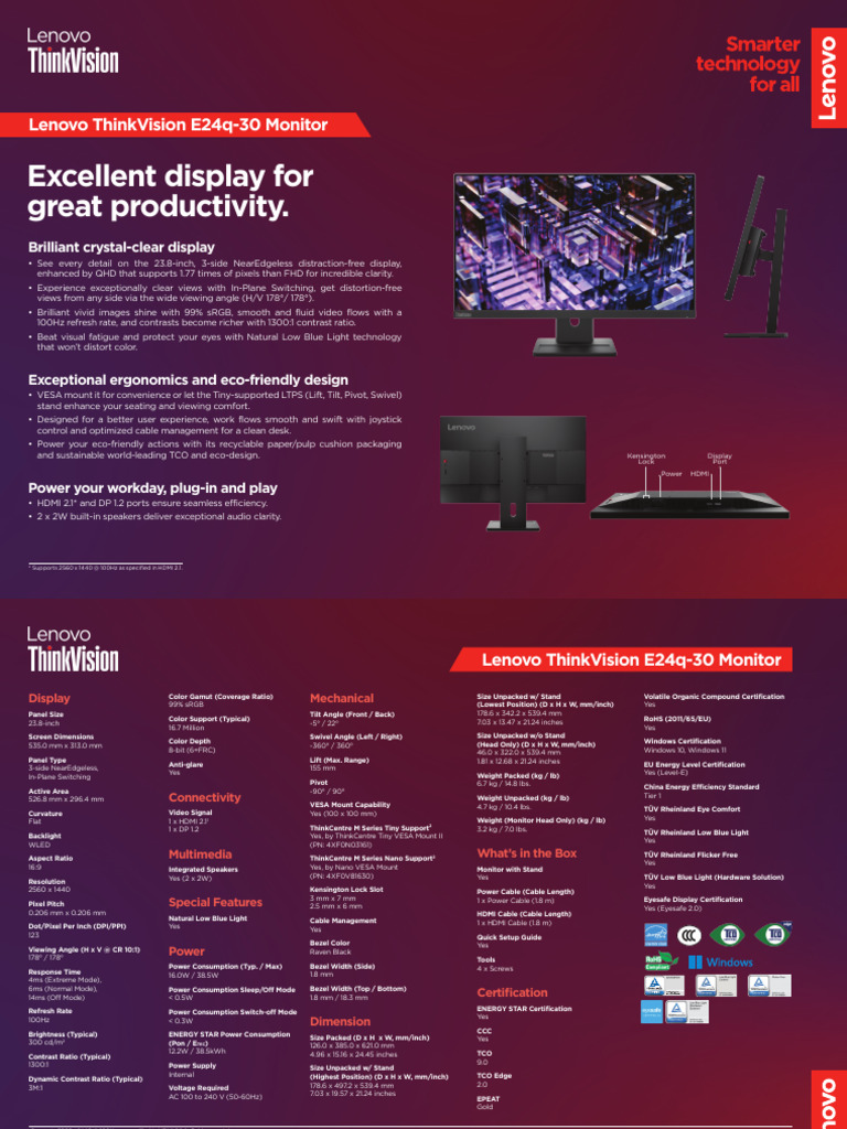 ThinkVision E24q-30 Datasheet en | PDF | Computer Monitor | Display Technology