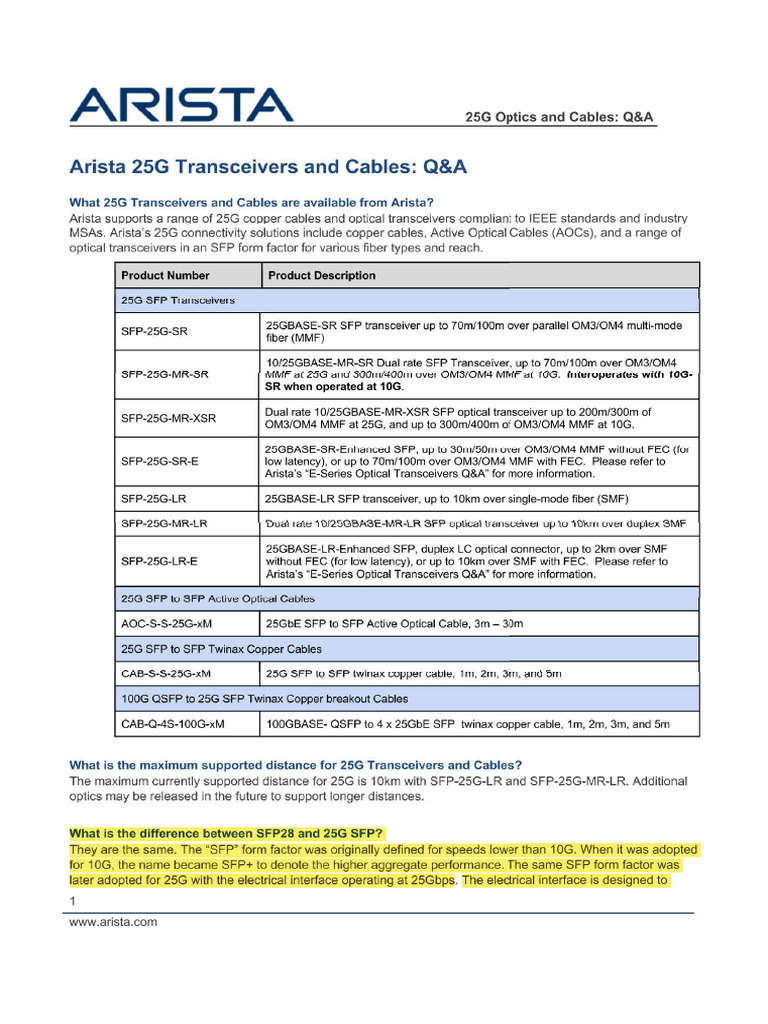 Arista 25G Transceivers and Cables - Q&A | PDF
