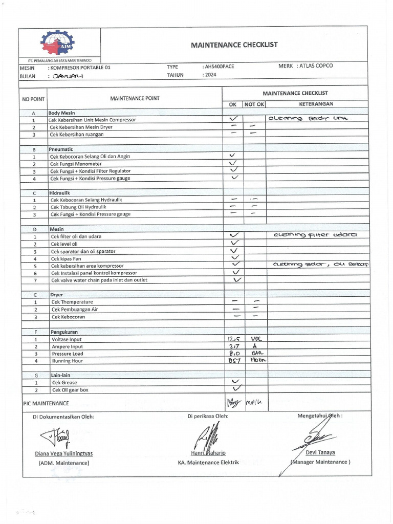 MC Compressor Portable 01 Monthly Equipment Checklist | PDF