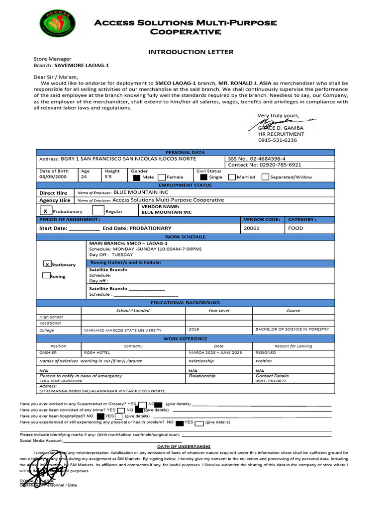 New Intro Letter With Pds Form - Smco Laoag 1 Ronald J. Asia | PDF ...