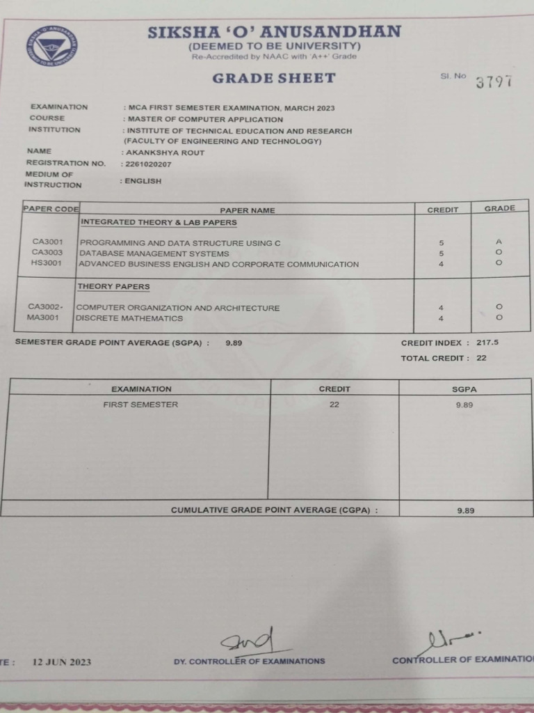 MCA 1st Sem Marksheet | PDF