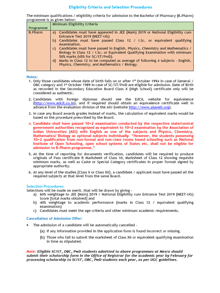 BPharm 2019 - Eligibility Criteria | PDF | University And College Admission | Higher Education