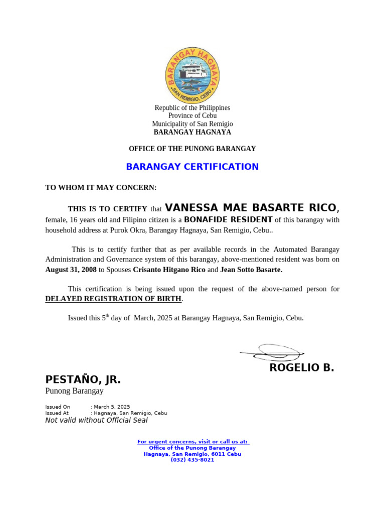 Barangay Certification for Late Registration of Birth | PDF