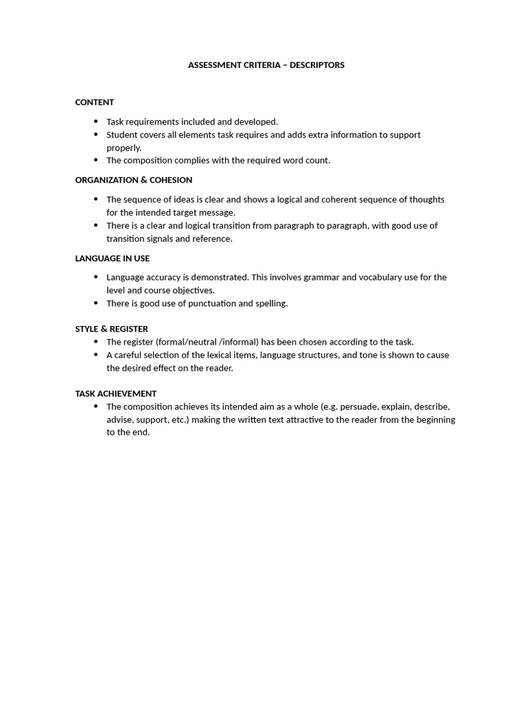 Assessment Criteria Intermediate Writing | PDF