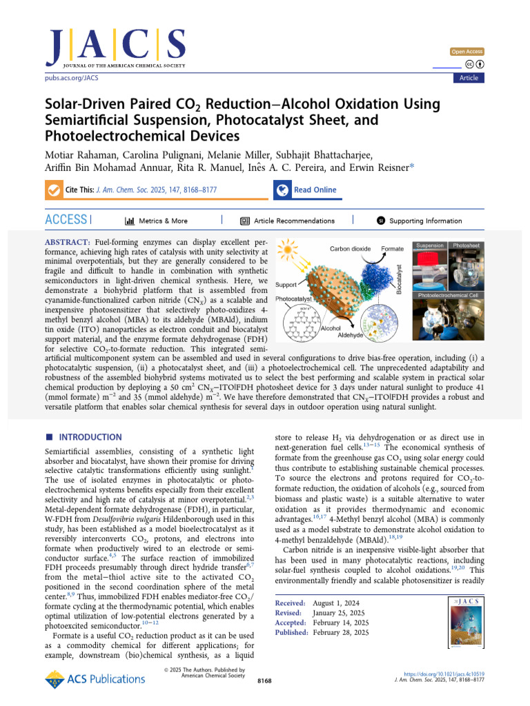 Rahaman Et Al 2025 Solar Driven Paired Co2 Reduction Alcohol Oxidation ...