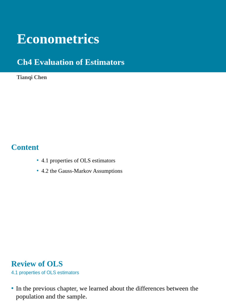Chapter 4 Evaluation of Estimators | PDF | Ordinary Least Squares | Estimator