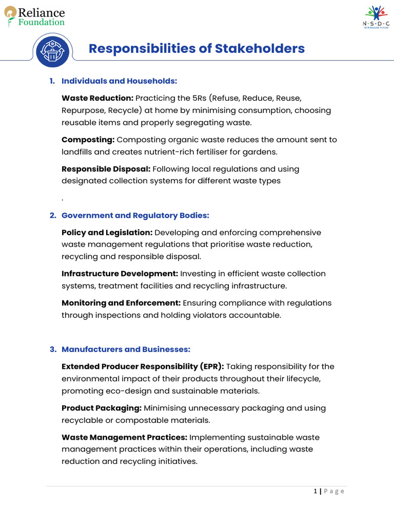 Responsibilities of Stakeholders | PDF | Waste Management | Waste