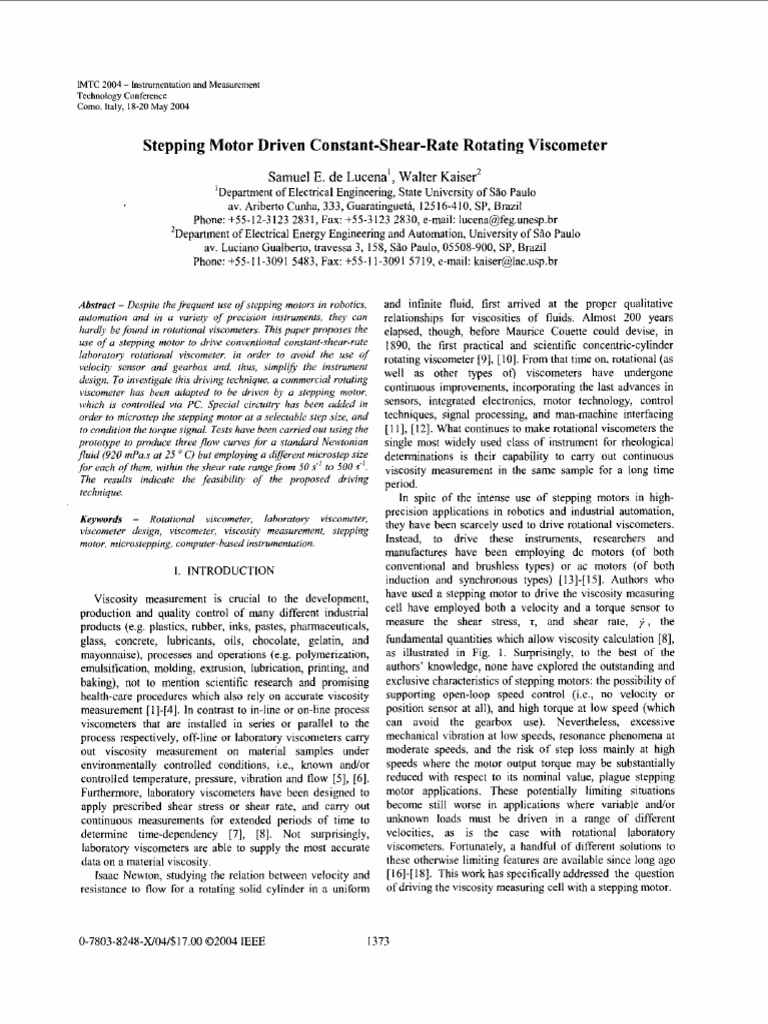 Stepping Motor for Rotational Viscometer | PDF | Viscosity | Shear Stress