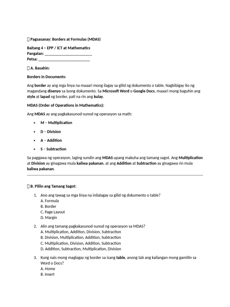 Borders and Basic Formula (Mdas) | PDF