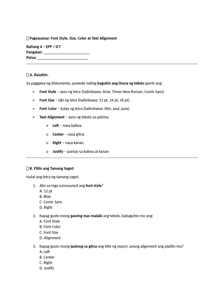 Font Style, Size Color and Text Alignment | PDF