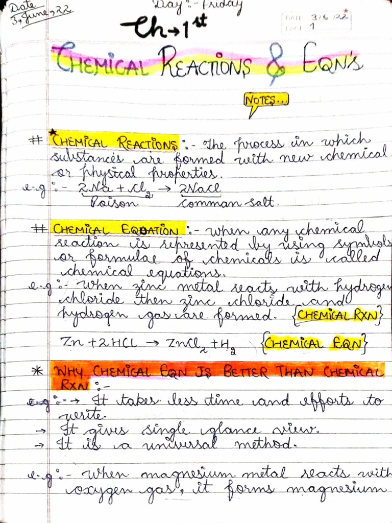 Chemical Reactions and Equations Class X Handwritten Notes | PDF
