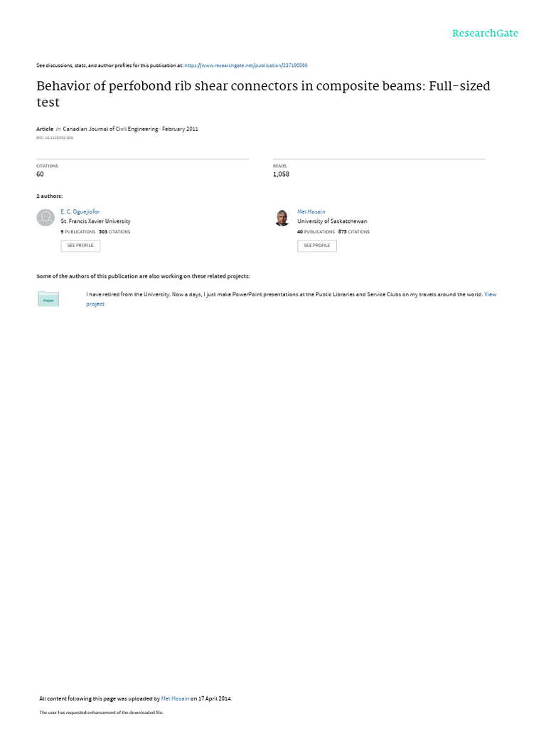 Behavior of Perfobond Rib Shear Connectors in Composite Beams Full ...