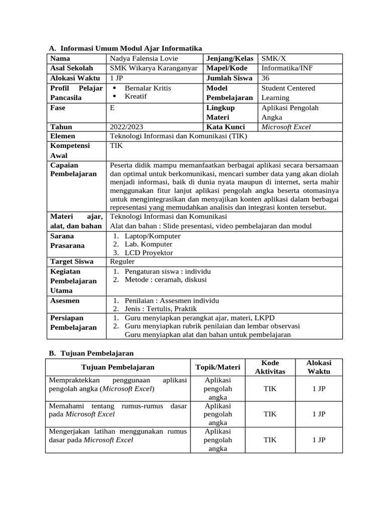 Modul Ajar Microsoft Excel SMK | PDF