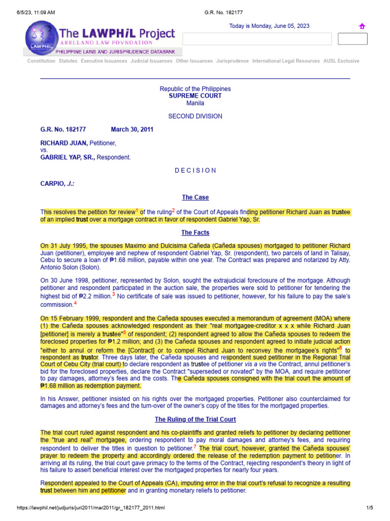 3 Juan vs. Yap G.R. No. 182177 | PDF | English Trust Law | Mortgage Law