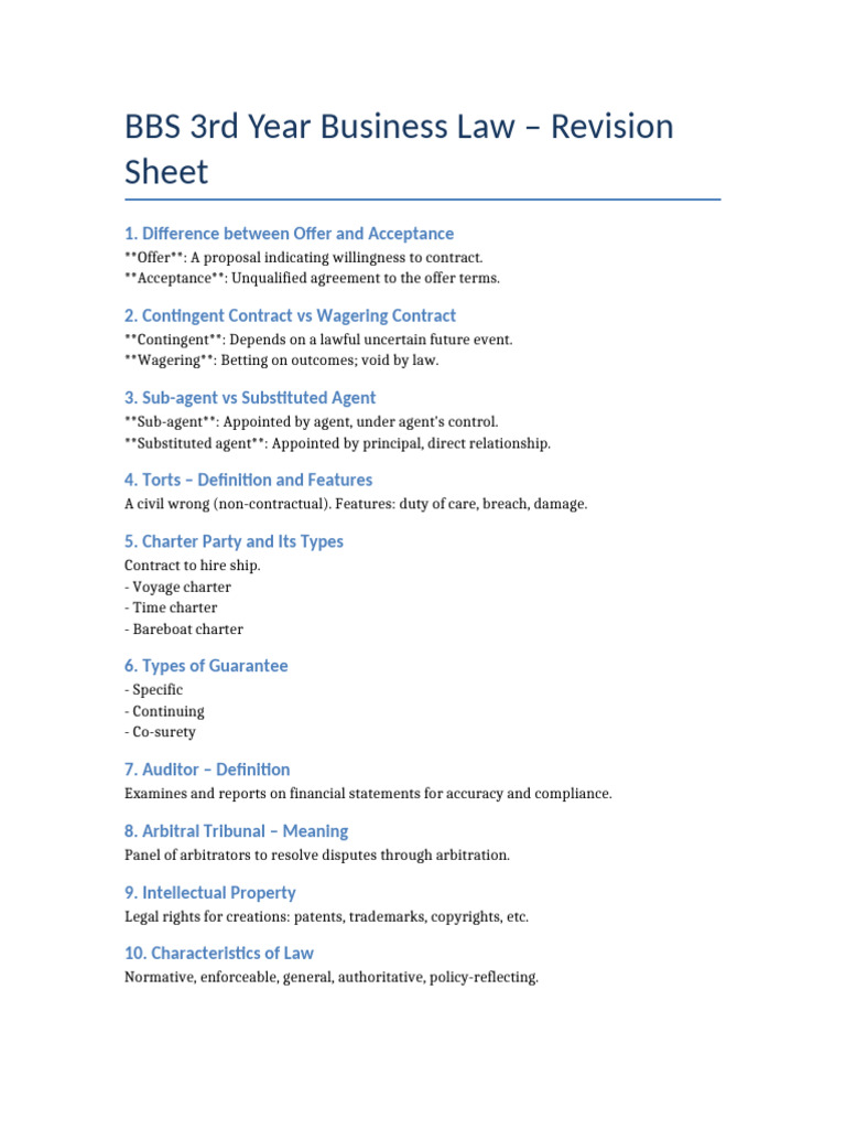 BBS Business Law Revision Sheet | PDF | Guarantee | Consent