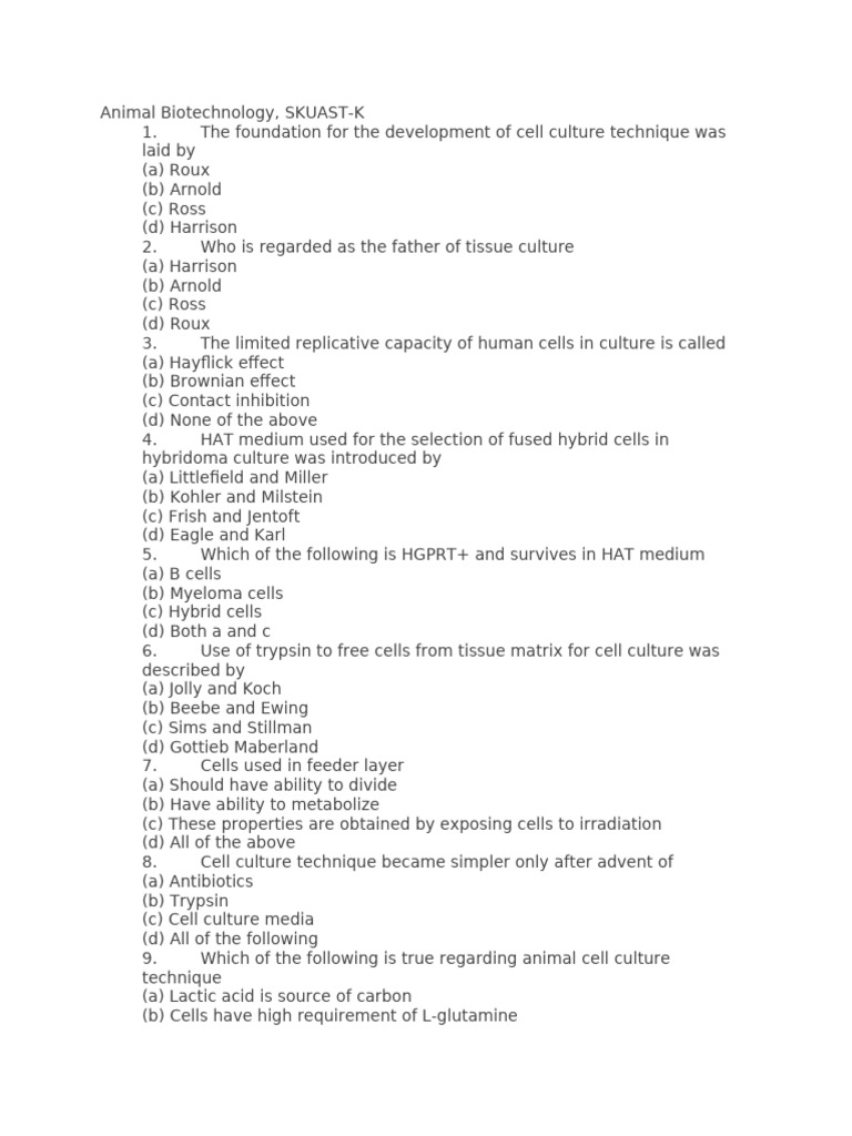 Animal Biotechnology Quiz and Answers | PDF | Cell Culture | Biochemistry