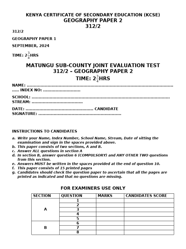KCSE 2024 Geography Paper 2 Exam | PDF | Natural Environment