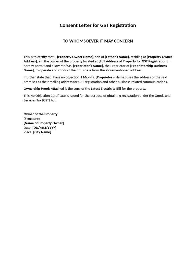 Consent Letter For GST Registration Proprietorship | PDF