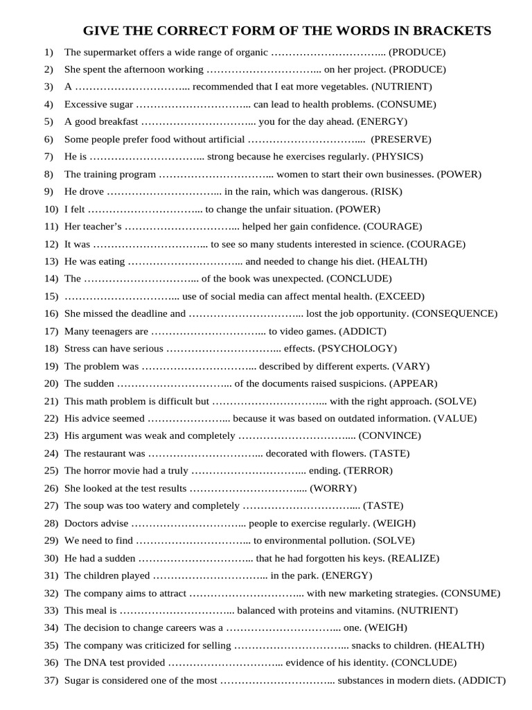Word Form Exercises for Vocabulary Skills | PDF | Nutrition | Diet ...