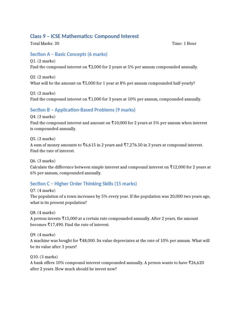 Class 9 ICSE Compound Interest Worksheet | PDF