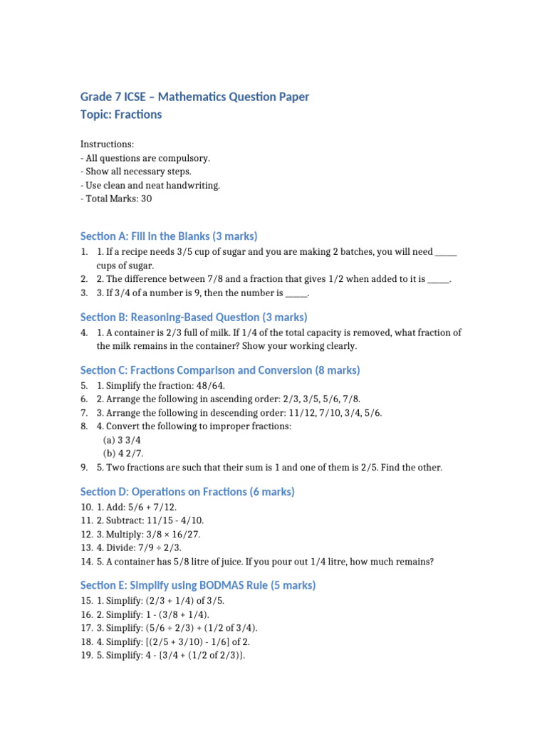 Fractions Grade7 ICSE QuestionPaper | PDF