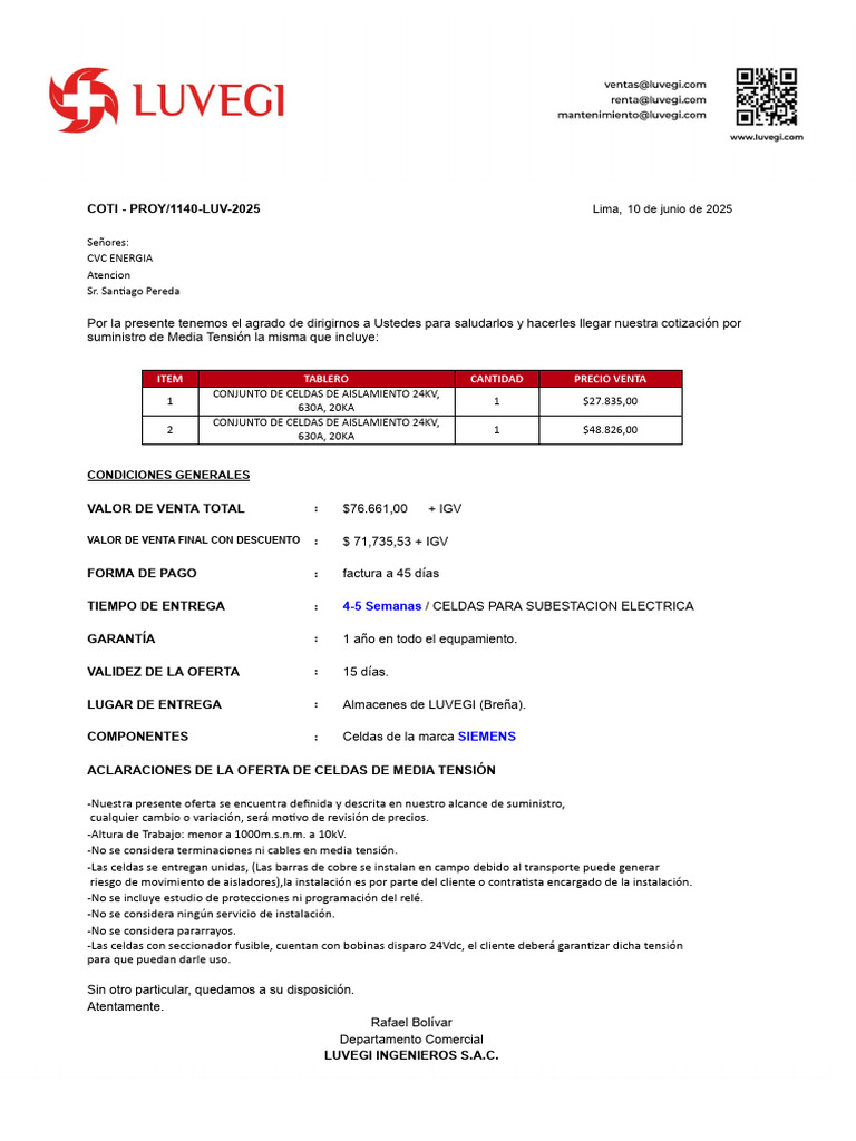 Cot1140 - Suministro de Celdas Media Tension - Opcion 4 - Luvegi | PDF ...