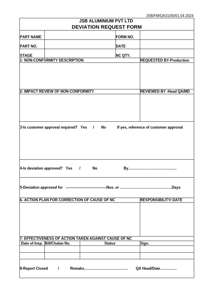 Deviation Form | PDF