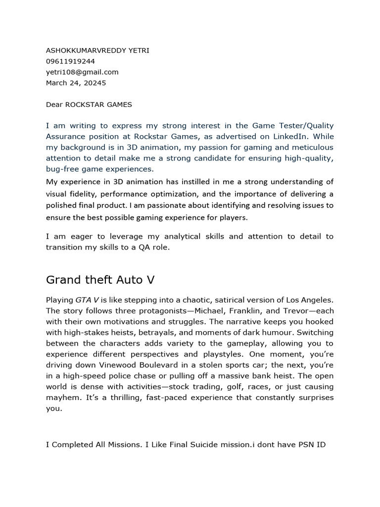 Game Tester Cover Letter for Rockstar Games | PDF